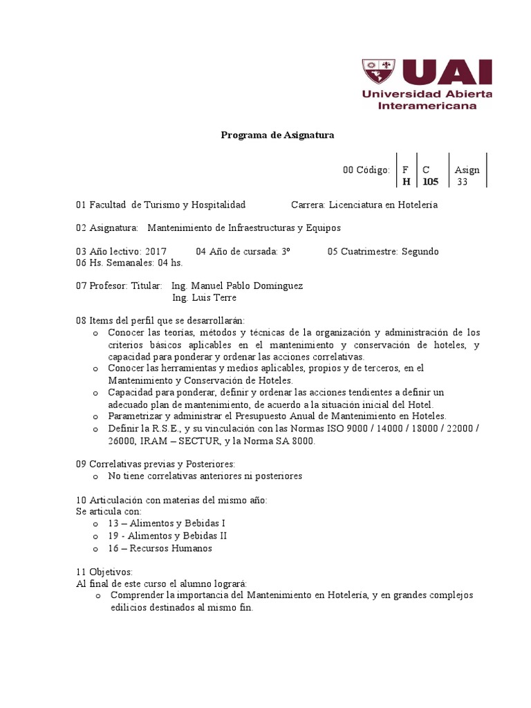 Programa Uai - Hoteleria Mantenimiento de Equipos e Infraestructura ...