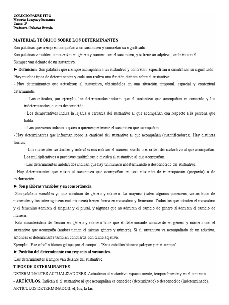 Los Determinantes - 3° | PDF | Adjetivo | Sustantivo
