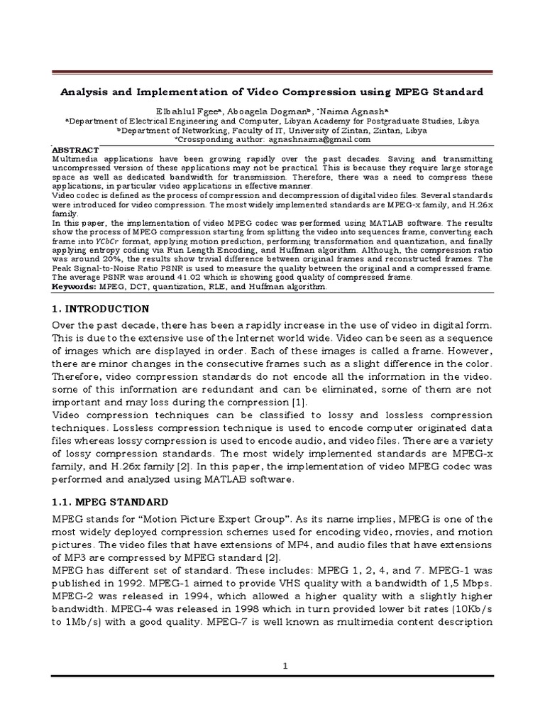 Analysis And Implementation Of Video Compression Using Mpeg Standard 7359