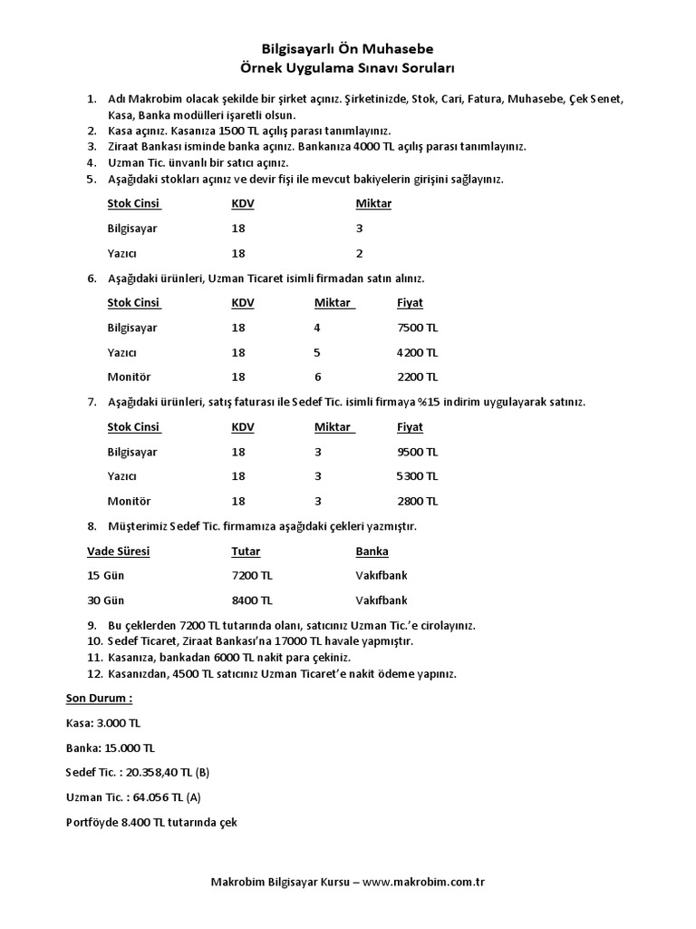 Bilgisayarli On Muhasebe Uygulama Sinavi Sorulari | PDF