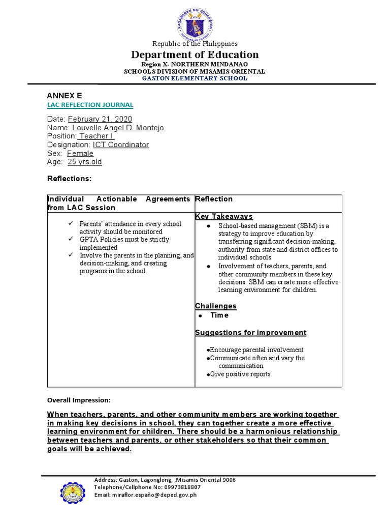 Annex e Reflection Journal | PDF