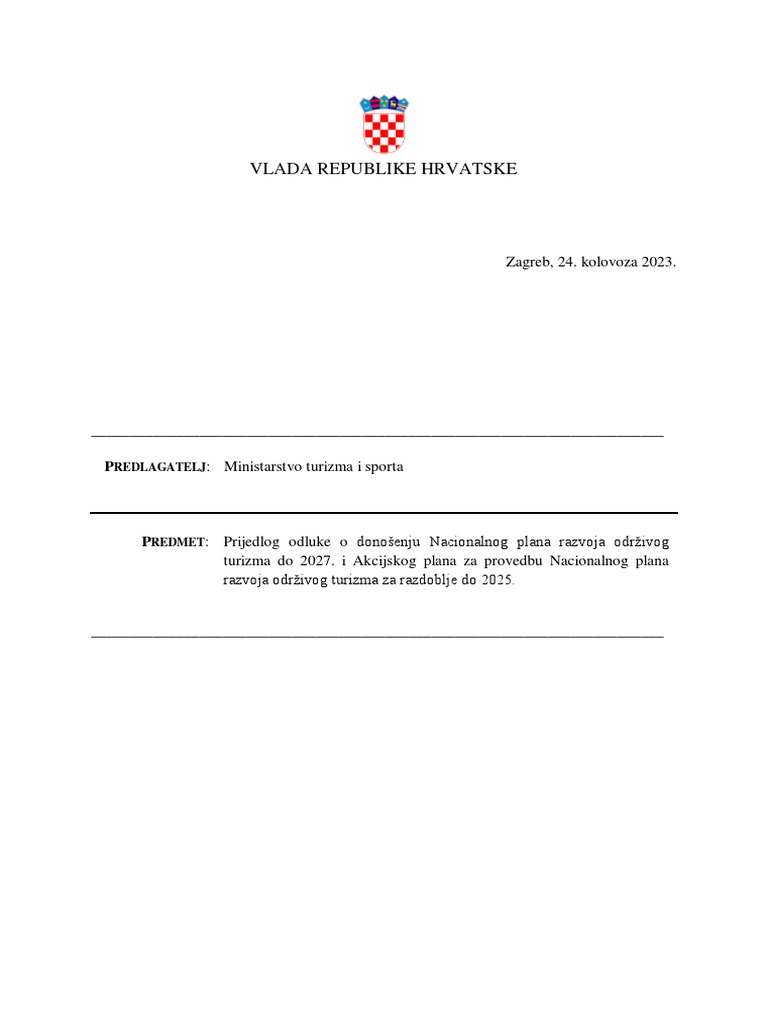 Vladin Nacionalni Plan Održivog Turizma | PDF