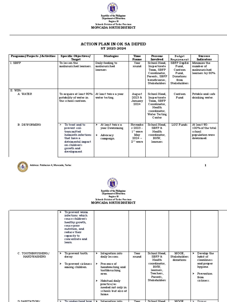 ACTION PLAN IN OK SA DEPED 2023-2024 | PDF | Waste | Waste Management