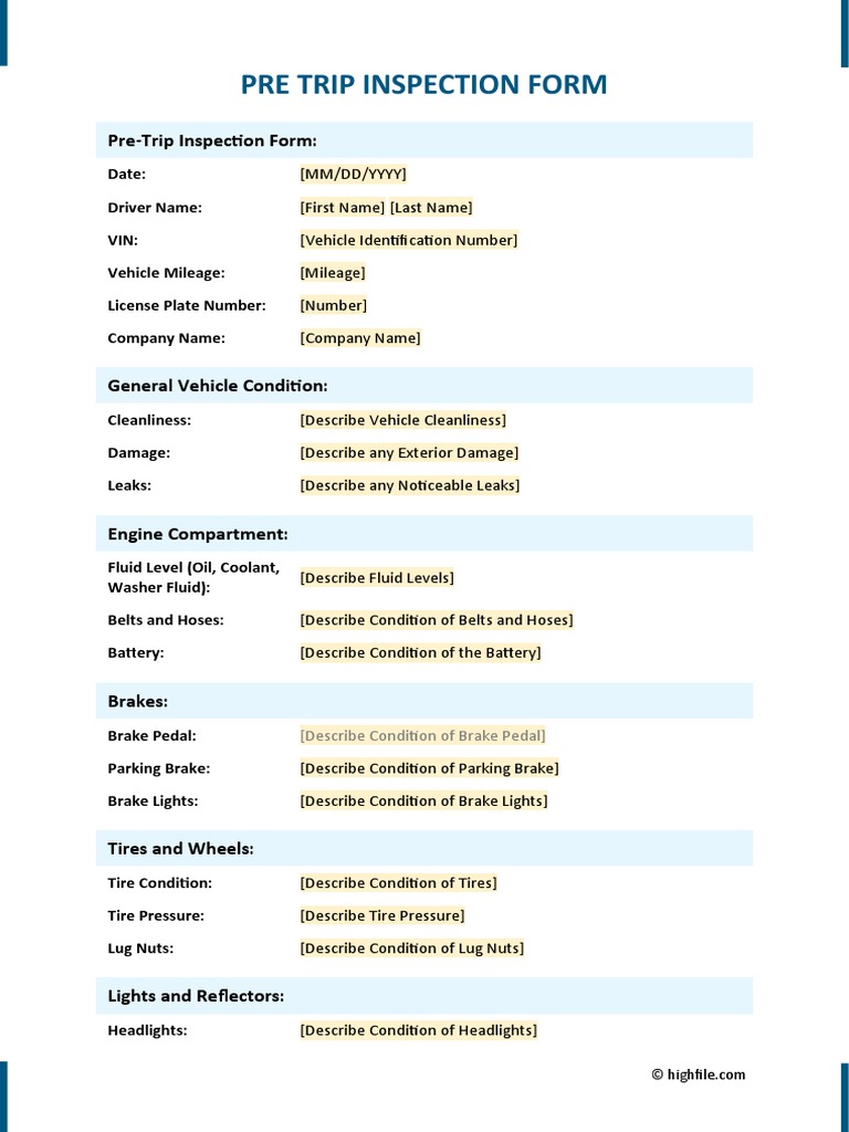 Pre Trip Inspection Form - Word | PDF | Vehicles | Brake