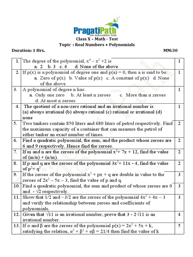 Test 2 Real Numbers + Polynomials | PDF