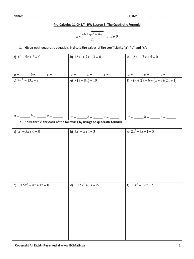 Lesson 5 Hw 4 4 The Quadratic Formula Pdf Quadratic Equation