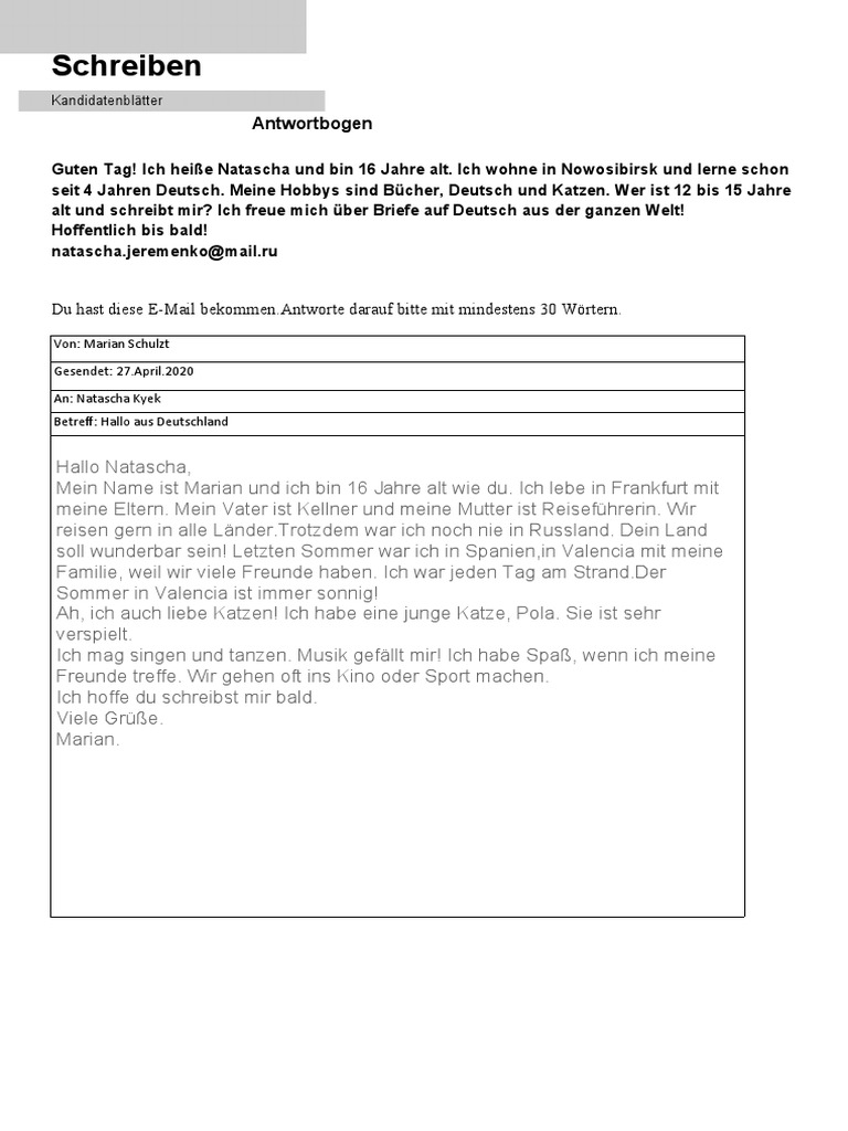 A1 Prüfung Schreiben | PDF