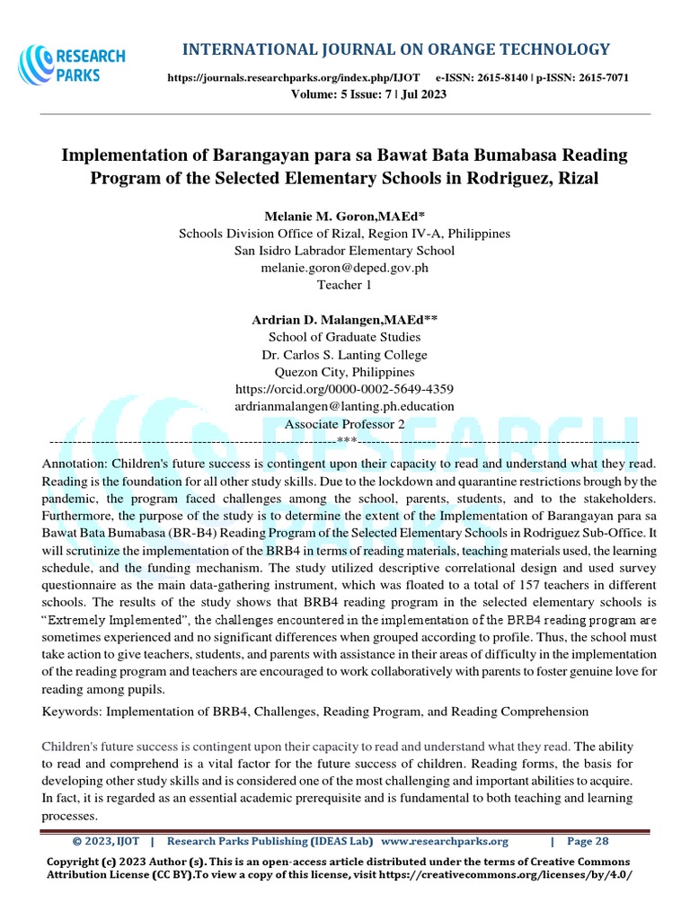 Implementation of Barangayan para Sa Bawat Bata Bumabasa Reading ...