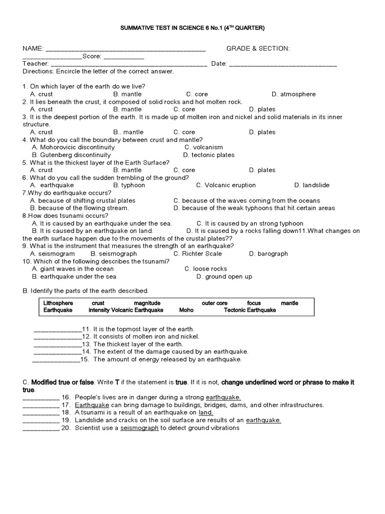 Summative Test in Science 6 W 1& 2 Q4 | PDF | Earthquakes | Plate Tectonics