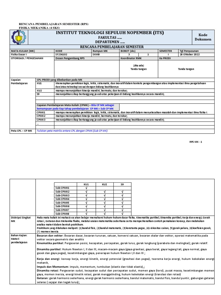 RPS Fisika Mekanika 4 SKS 1 | PDF