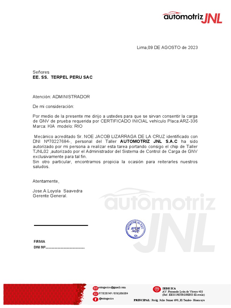 Solicitud de Carga GNV - Terpel Perú SAC | PDF | Tecnología