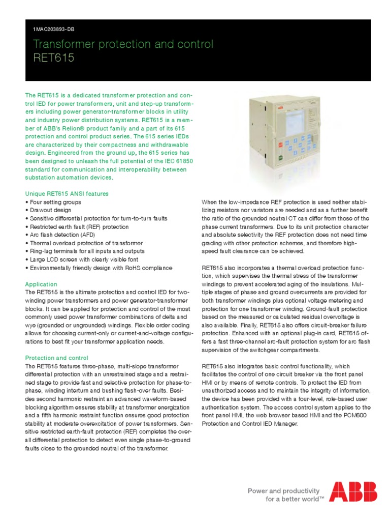 RET615 ANSI V2.0 Descriptive Brochure | PDF