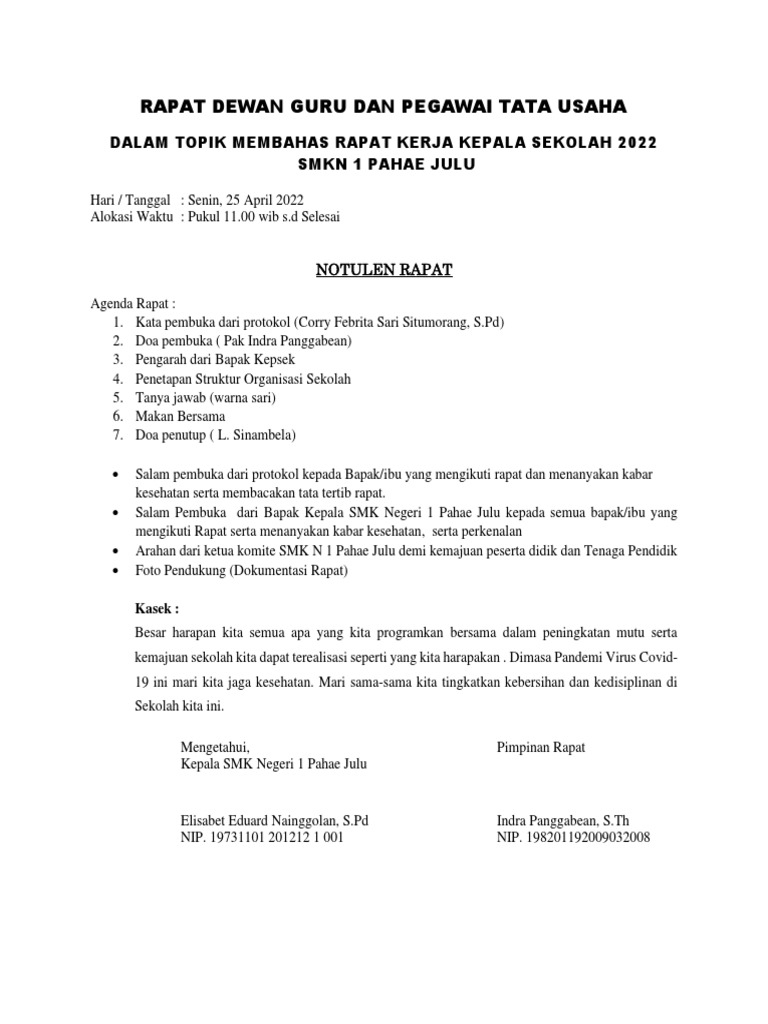 Notulen Rapat Kerja Kepsek | PDF