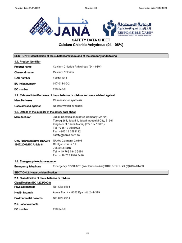 GHS MSDS Calcium Chloride Anhydrous (94-98_Percent)_(EN) | PDF
