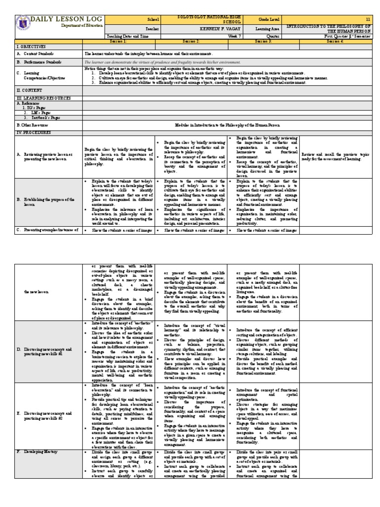 DLL Philosophy QUARTER 1 WEEK 7 | PDF | Aesthetics | Thought