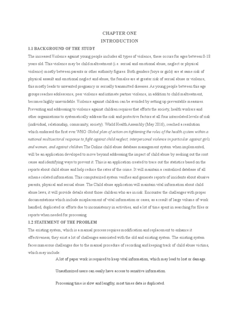 Chapter One Introduction 1 1 Background | PDF | Databases | Child Neglect