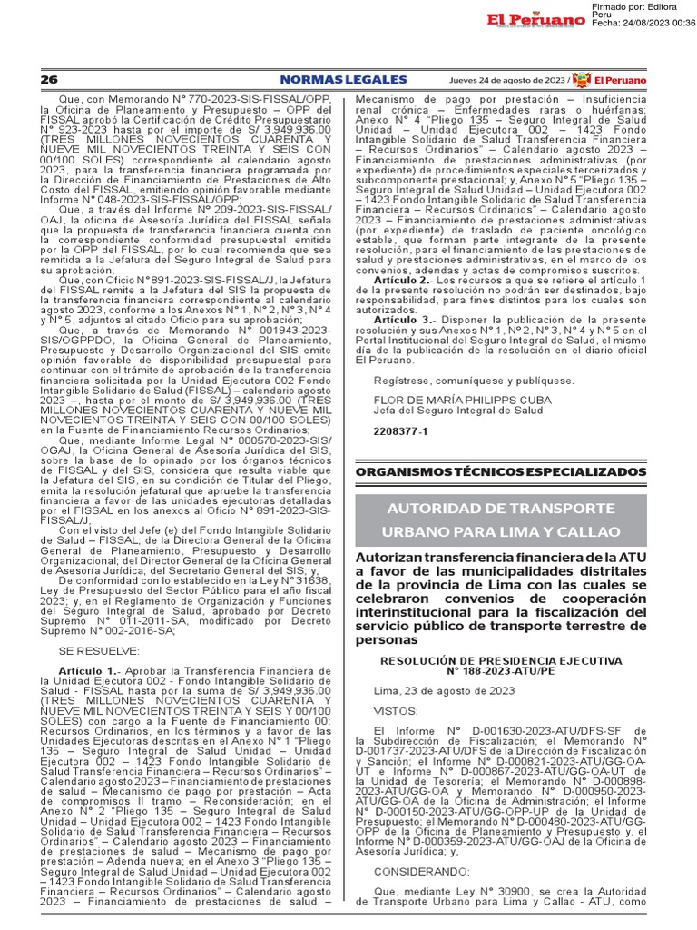 Autorizan Transferencia Financiera de La Atu A Favor de Las Resolucion N 188 2023 Atupe 2208278 ...