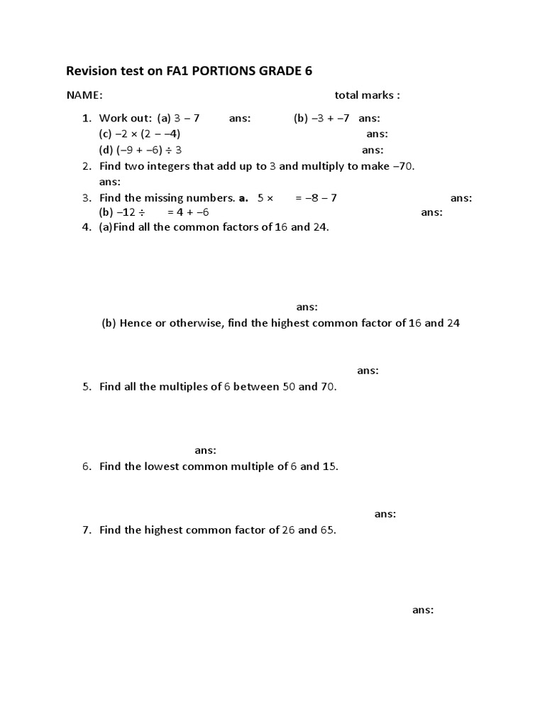 Grade 6 Maths Revision Test Fa1 Pdf