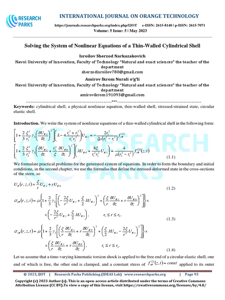 Solving The System of Nonlinear Equations of A Thin-Walled Cylindrical Shell | PDF | Creative ...