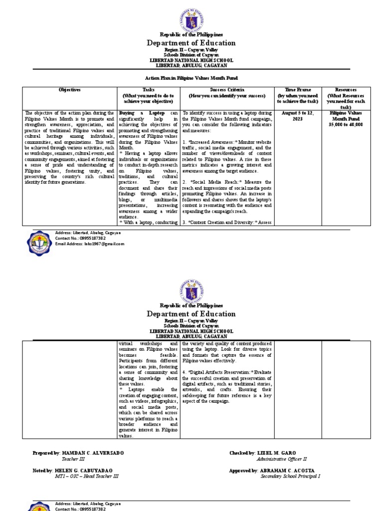 Action Plan in Filipino Values Month Fund | PDF | Philippines | Human ...