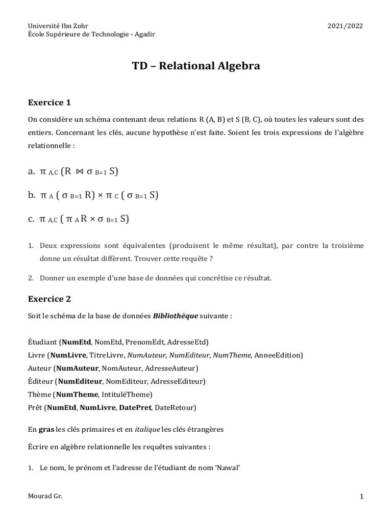 TD 3 - Relational Algebra | PDF