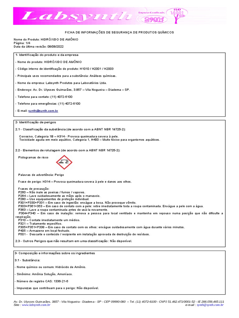 FISPQ - Hidroxido de Amonio | PDF | Química | Ciências Físicas