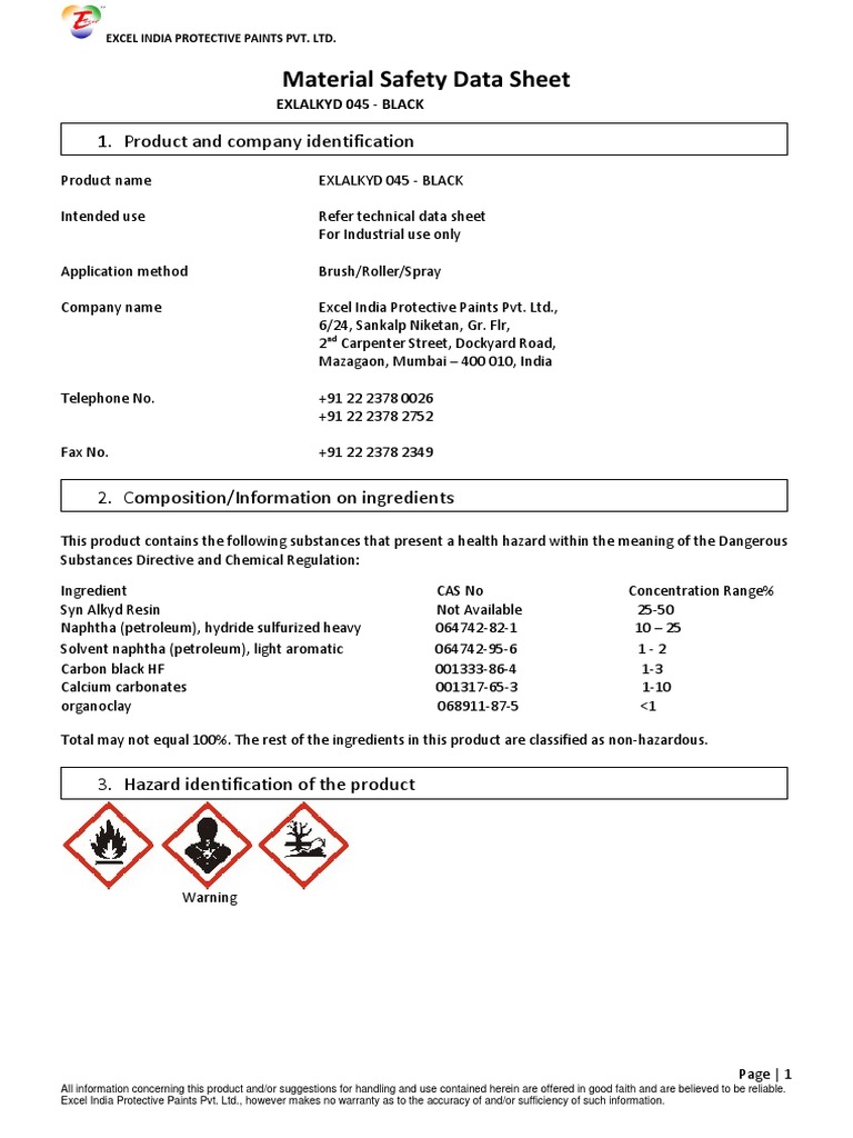Msds - Exlalkyd 045 Black | PDF | Chemical Substances | Materials