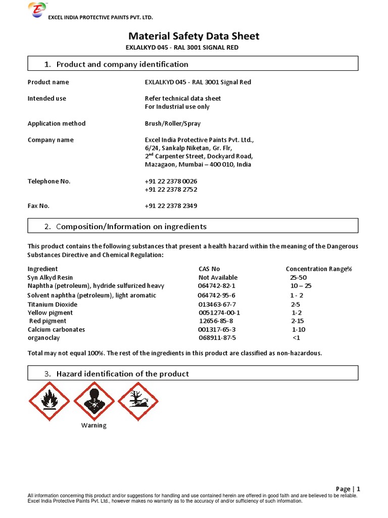 Msds - Exlalkyd 045 Ral 3001 Signal Red | PDF | Technology & Engineering