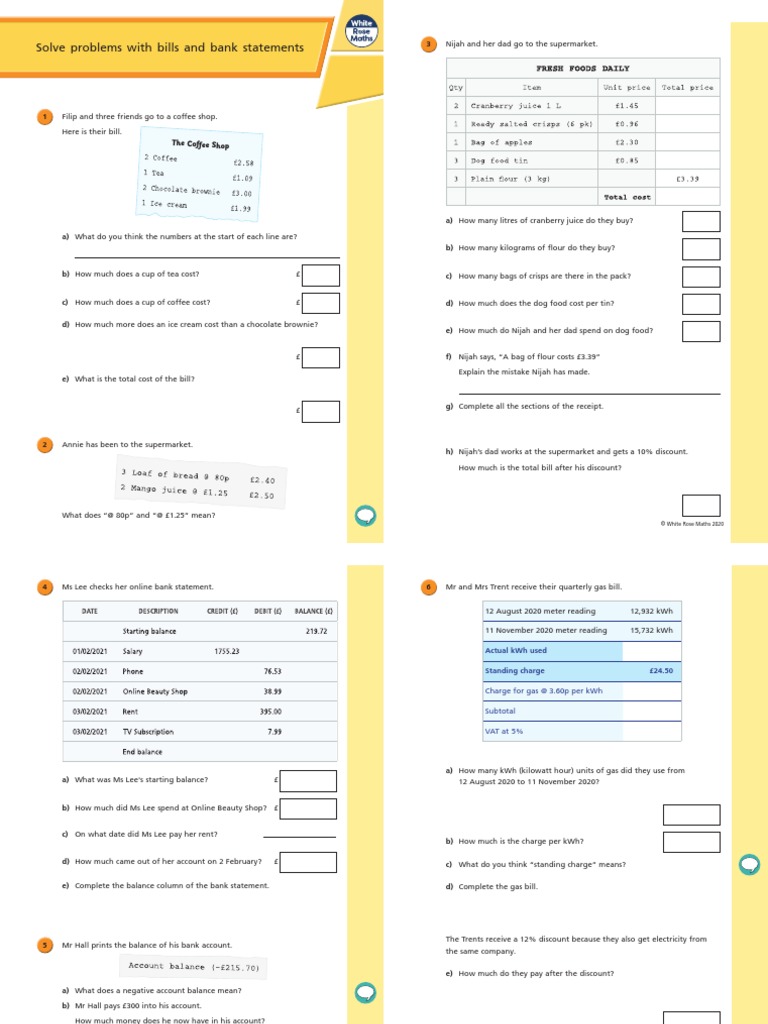 Bills and Bank Statements Worksheet | PDF