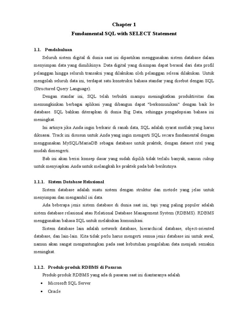 Chapter 1 - Pengenalan SQL Dan Penggunaan Perintah SELECT | PDF