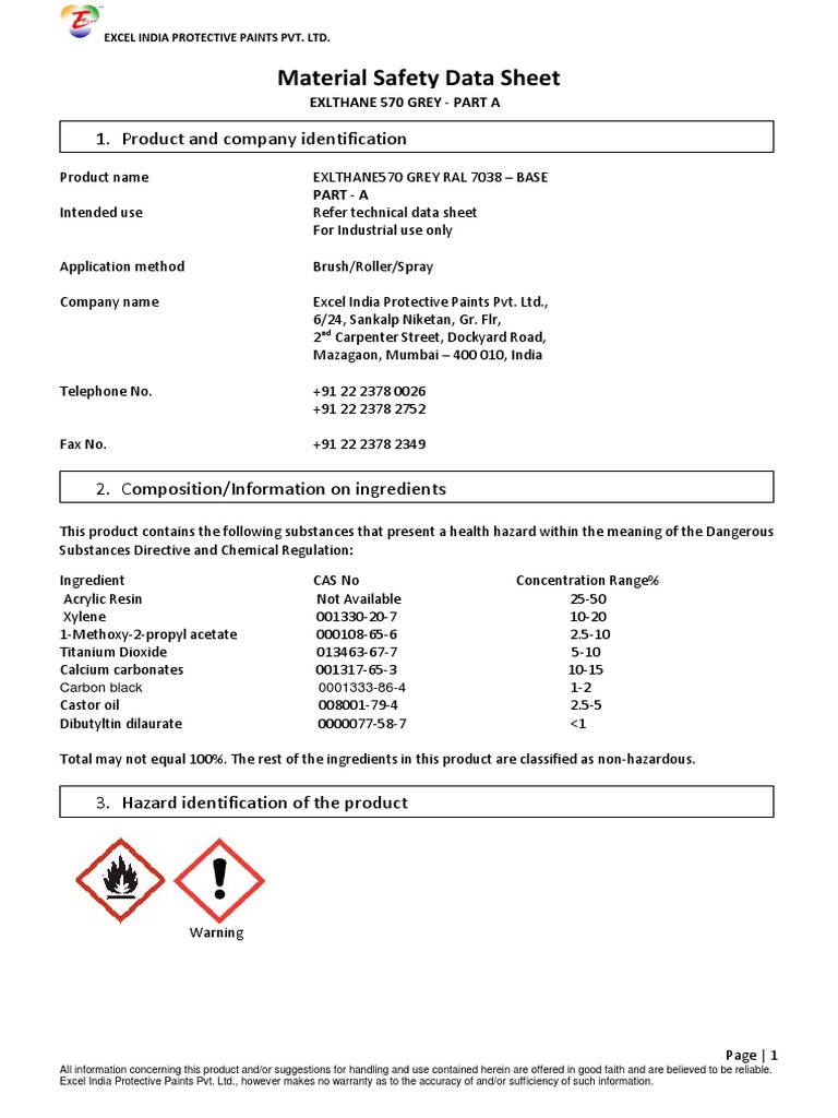 Msds - Exlthane 570 Grey Ral 7038 | PDF | Paint | Physical Sciences