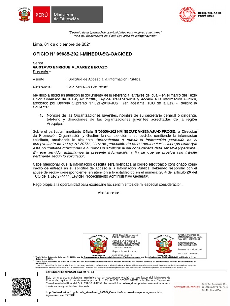 OFICIO-09685-2021-MINEDU-SG-OACIGED (1) | PDF | Gobierno