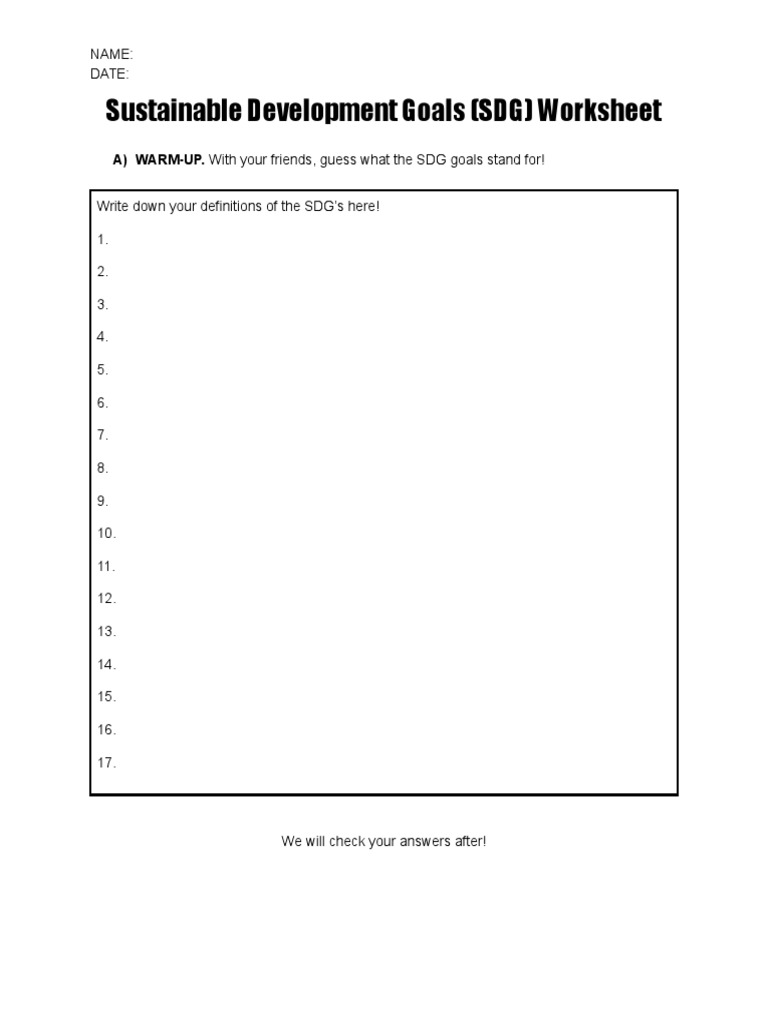 Sustainable Development Goals Worksheet | PDF