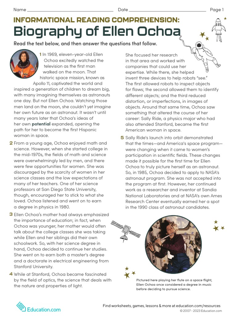 Biography of Ellen Ochoa: Informational Reading Comprehension | PDF ...