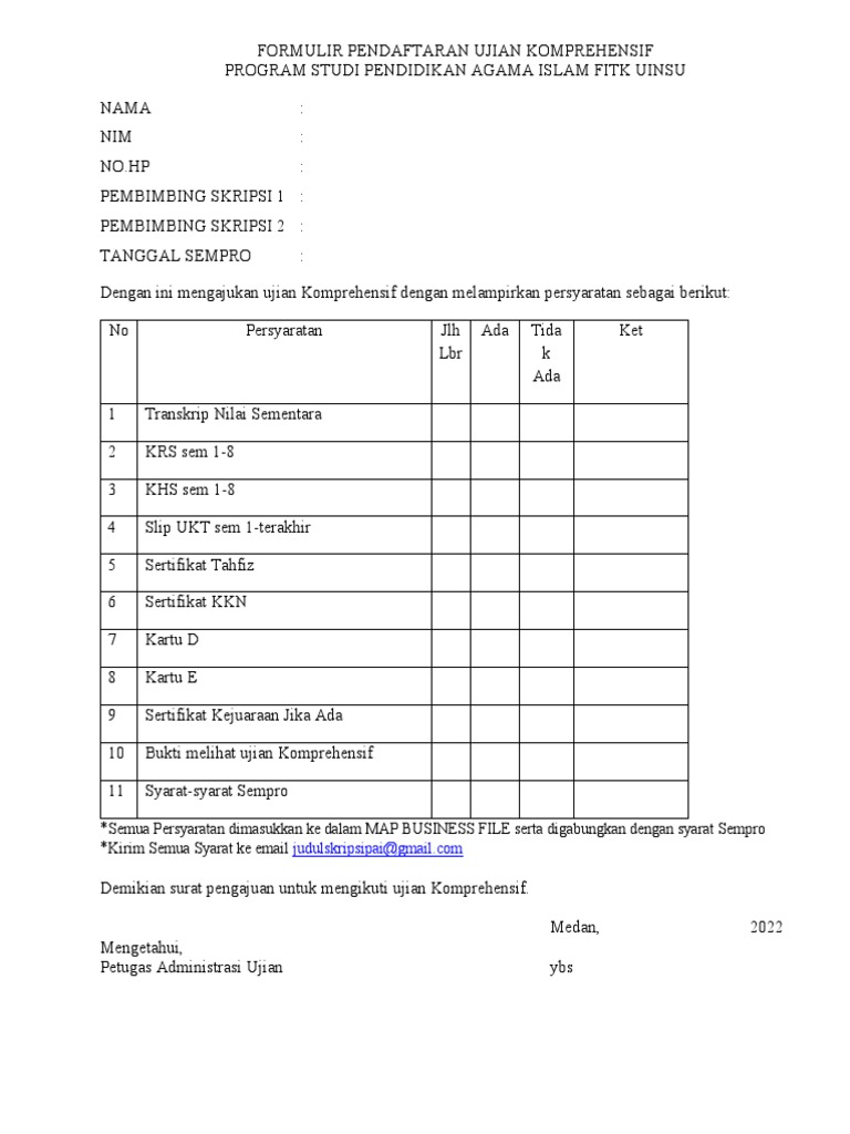 Formulir Pendaftaran Ujian Komprehensif Dan Munaqasah | PDF
