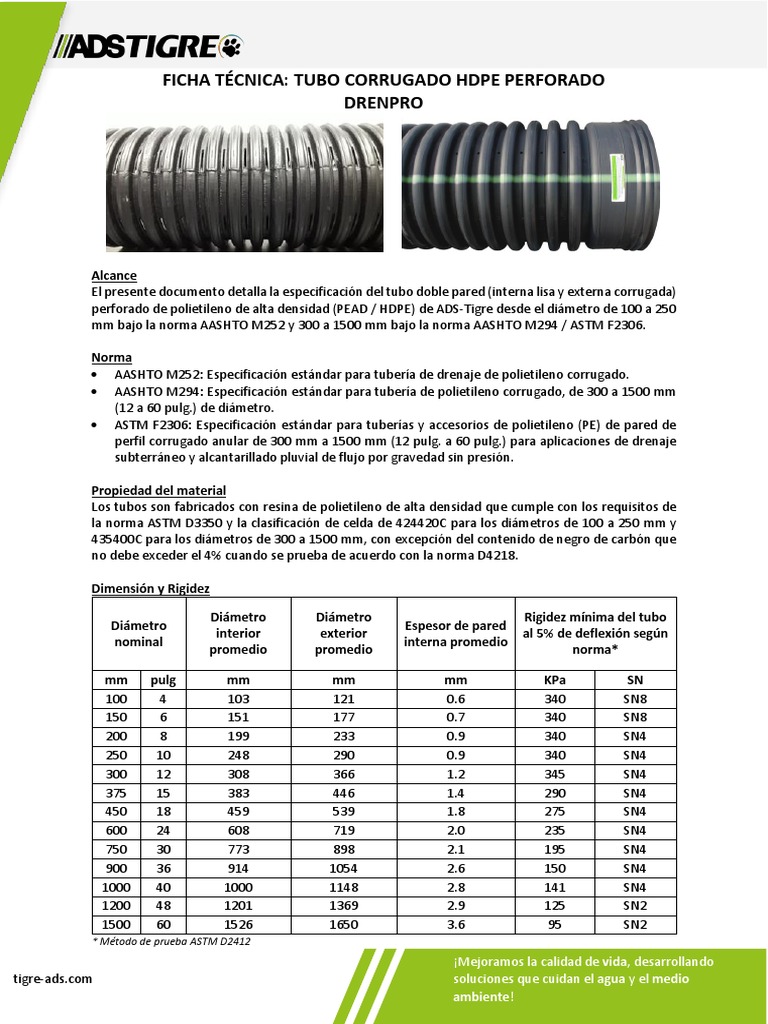 FT Tubo Corrugado Hdpe Perforado Drenpro (Aashto M252 - Aashto M294 ...