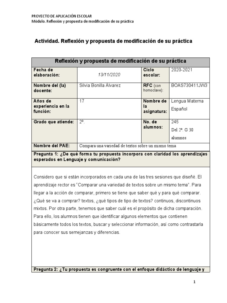 BOAS730411JW3 Reflexión Y Propuestamodificación de Su Practica | PDF | Aprendizaje ...