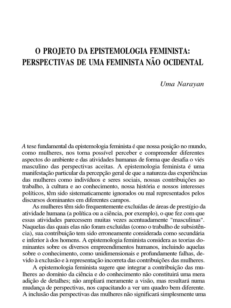 NARAYAN, O Projeto Da Epistemologia Feminista | PDF | Estudos de Gênero ...