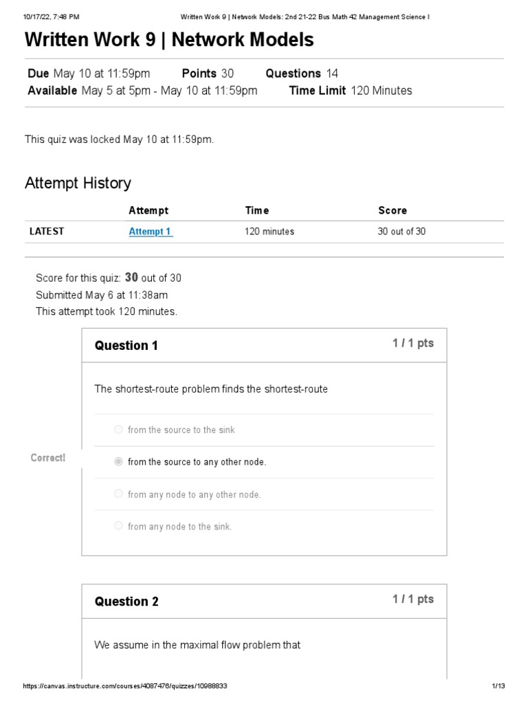 Written Work 9 Network Models 2nd 21 22 Bus Math 42 Management Science I | PDF | Mathematical ...