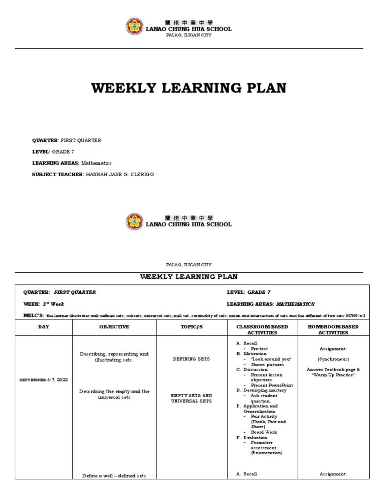 Math 7 Weekly Learning Plan | PDF | Curriculum | Mathematics