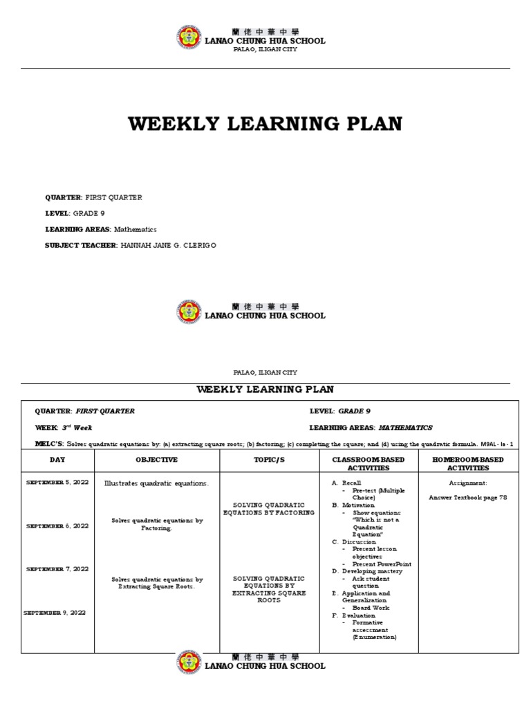 Math 9 Weekly Learning Plan | PDF | Quadratic Equation | Curriculum
