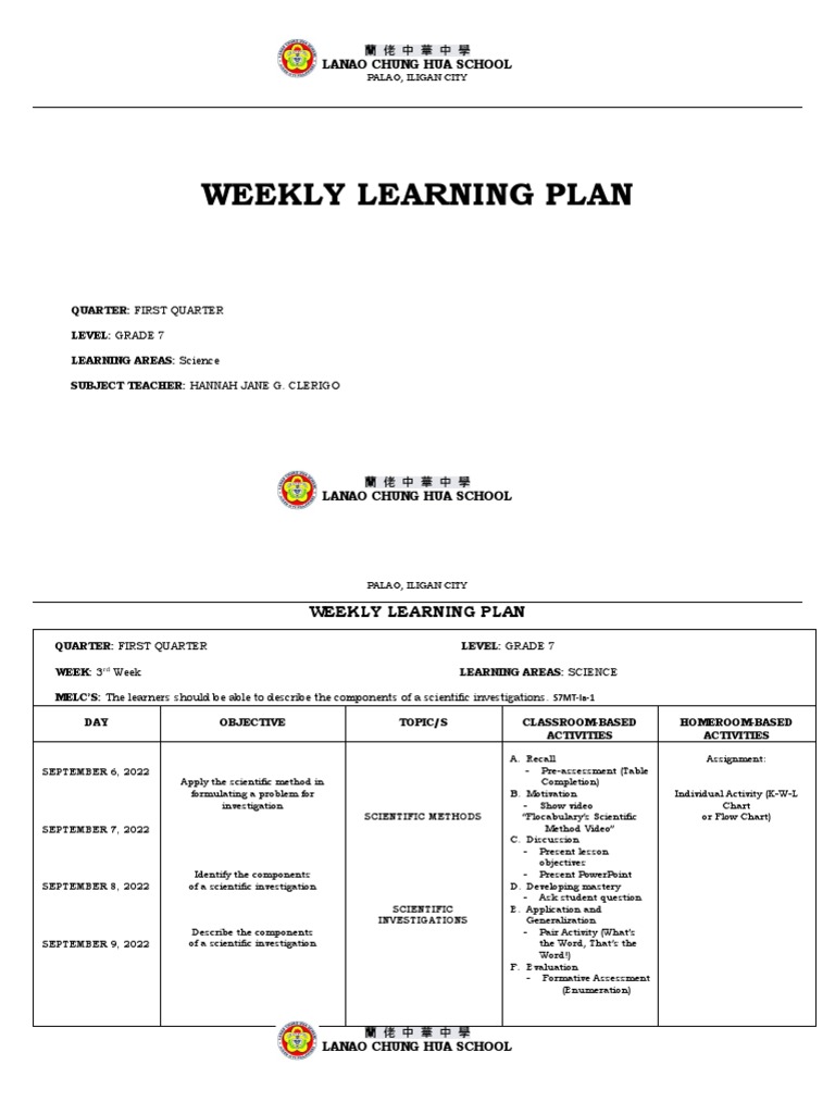Science 7 Weekly Learning Plan | PDF | Learning | Cognitive Science