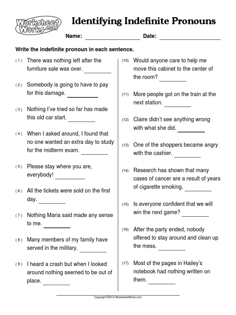 WorksheetWorks Identifying Indefinite Pronouns 2 | PDF