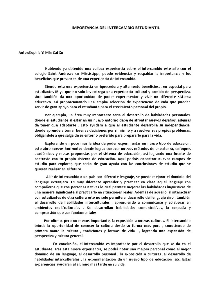 Importancia Del Intercambio Estudiantil Pdf Experiencia