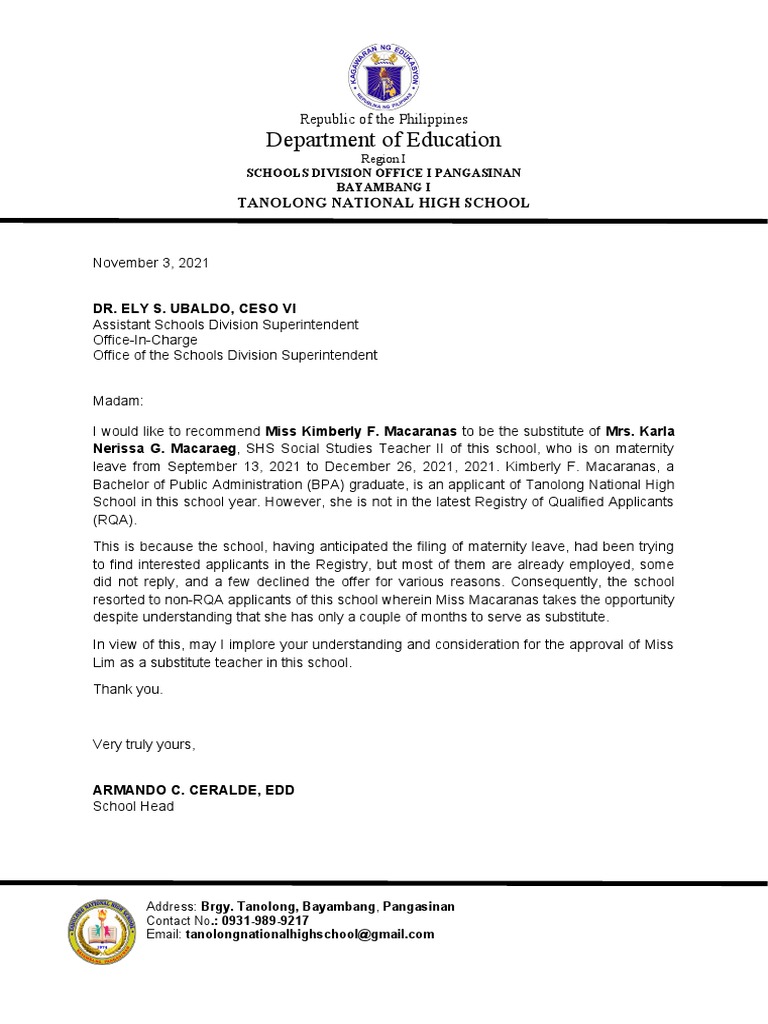 Request Letter for Substitute Teacher | PDF