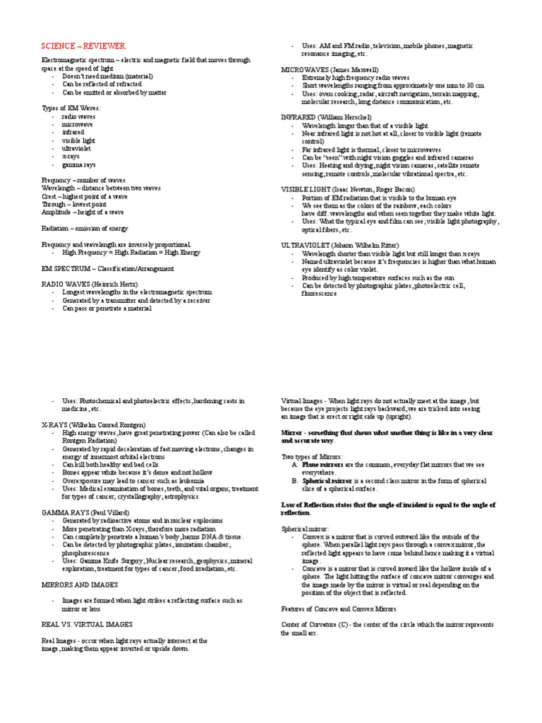 SCIENCE - Reviewer - Grade 10 | PDF | Electromagnetic Radiation ...
