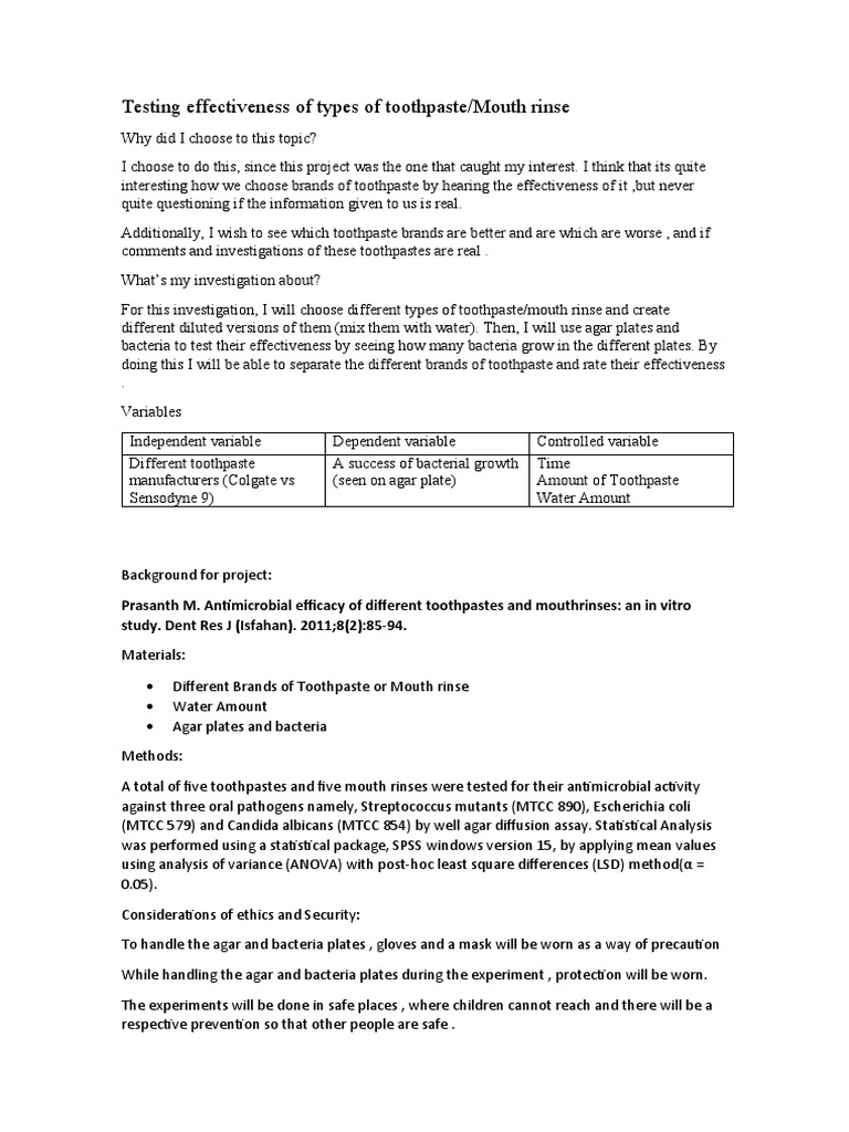 Toothpaste Effectiveness Study | PDF | Bacteria | Experiment