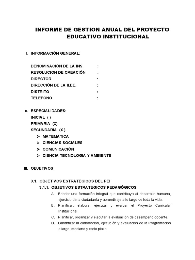 Informe de Gestion Anual Del Proyecto Educativo Institucional | PDF | Evaluación | Monitoreo y ...