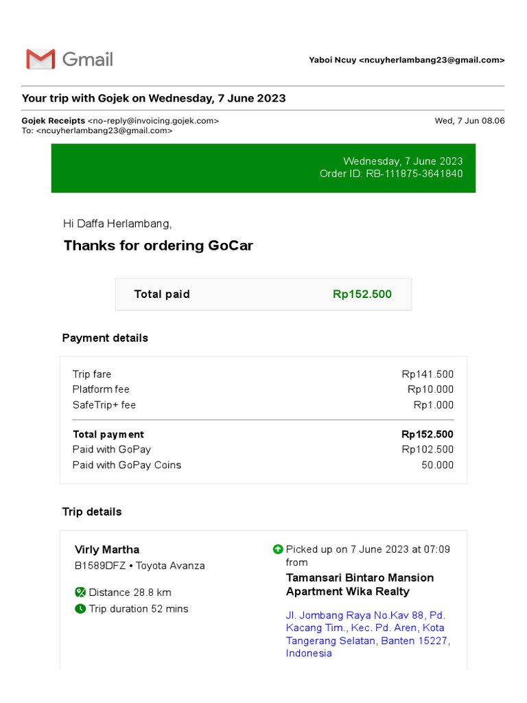 Gojek GoCar Invoice - June 2023 | PDF