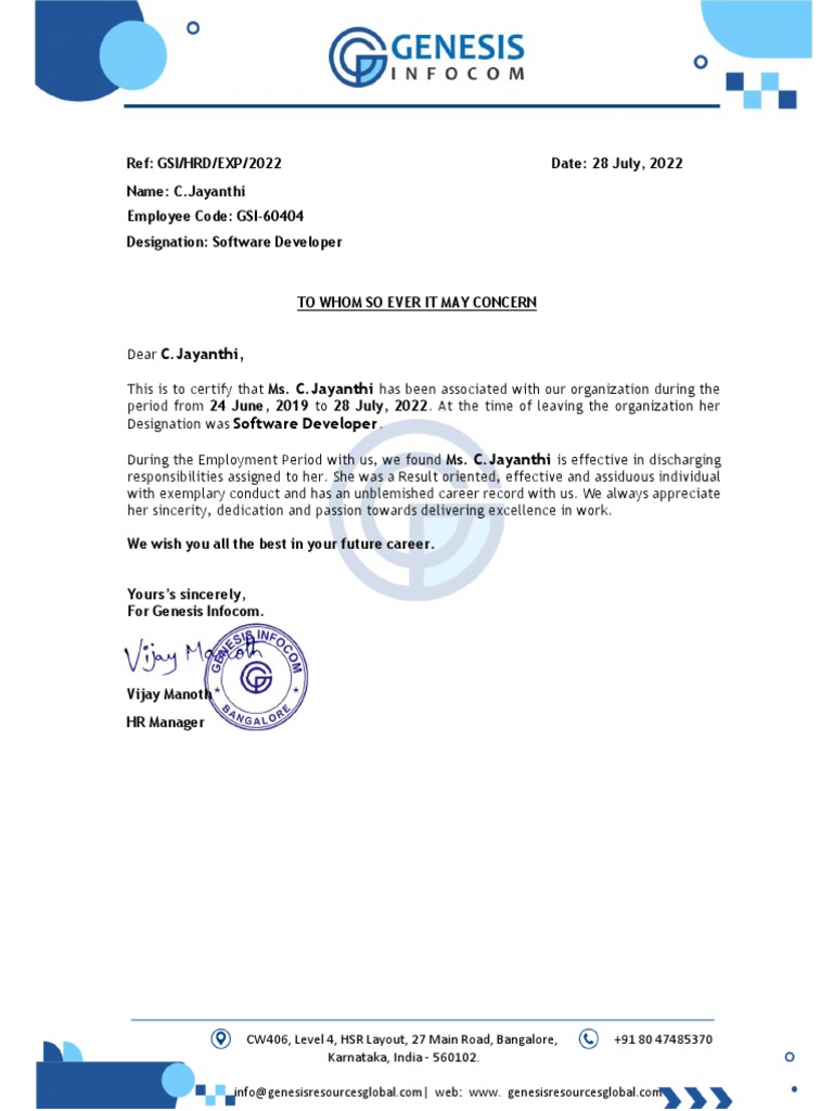 Genesis Experience Letter | PDF